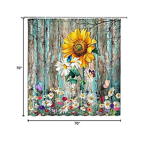 JOFKAXU Rustic Sunflower Shower Curtain Vintage Barn Door Floral Plant Flower Butterfly Farmhouse Retro Teal Wooden Board Country Bath Curtain with Hook