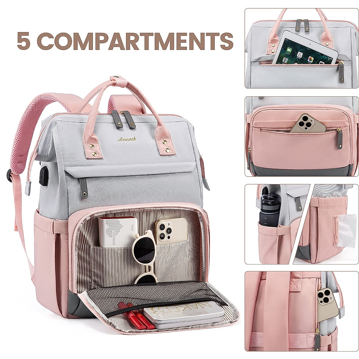 LOVEVOOK Laptop Backpack for Women, 17 Inch Work Business Backpacks Purse with USB Port, Large Capacity Teacher Doctor Nurse Bag College Backbag, Waterproof Casual Daypack for Travel,Grey-Pink