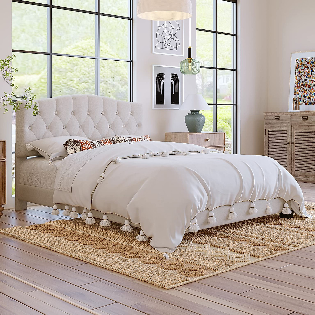 Modern Beige Queen Bed Frame Linen Upholstered Platform Bed with Headboard Solid Wood Queen Size Bed Frame Mattress Foundation Diamond Tufted Details Sturdy Wood Slat Support No Box Spring Needed