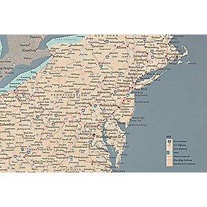 USA Road Trip & Travel Highway Tracing Map 24x36 Poster (Tan & Slate Blue)