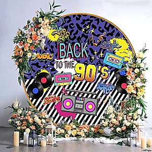 AWERT Polyester Diameter 7ft Round Back to The 90's Backdrop Retro Colorful Graffiti Hip Hop Old Radio Black White Stripes Photo Background 90's Theme Birthday Party Discos Ball Decoration