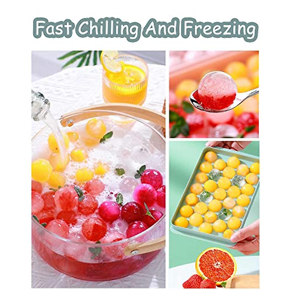 EWRITN Ice Cube Tray, Round Ice Ball Maker for Freezer,Circle Ice Trays Making 99pcs with Sphere Ice Balls Chilling Drinks （3Pack Blue Trays, 3 Steel Metal Straws,1 Ice Bucket Scoop & Tong）