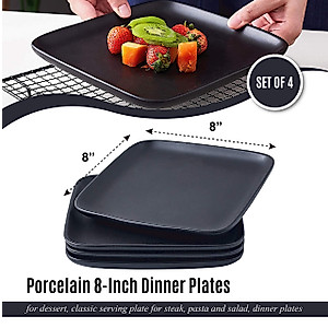 Bruntmor 8" Ceramic Appetizer Plates | Serving Platter | Set of 4, Square Black Simple Modern Ceramic Salad/Dessert Plates | Christmas Dinner Plates Set | Christmas Dinnerware or Thanksgiving