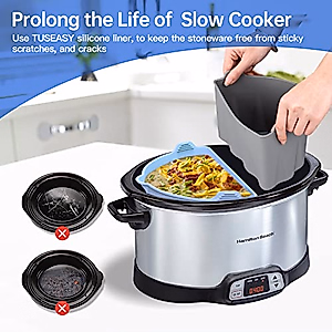 TUSEASY Slow Cooker Liners Compatible for Crock Pot 6-7 Quart Oval Slow Cooker, Silicone CrockPot Divider Insert Reusable, Leak Proof, BPA Free, Dishwasher Safe, Non-Stick (Grey+Blue)