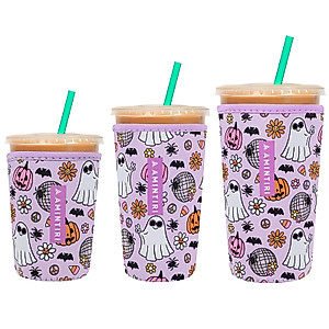 3 Pack Reusable Sleeve for Iced Coffee Cup, Coffee Neoprene Sleeve for Iced&Hot Drinks, Coffee Sleeve Compatible with Starbucks, Dunkin Coffee Cup. (Halloween Boo)