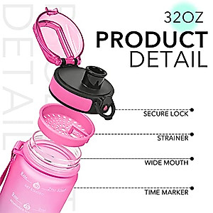 GOSWAG 32oz Motivational Water Bottles with Time Marker & Fruit Strainer with Times to Drink, Leakproof & BPA Free, Reusable Plastic Sports Bottle with Strap no Straw for Gym & School
