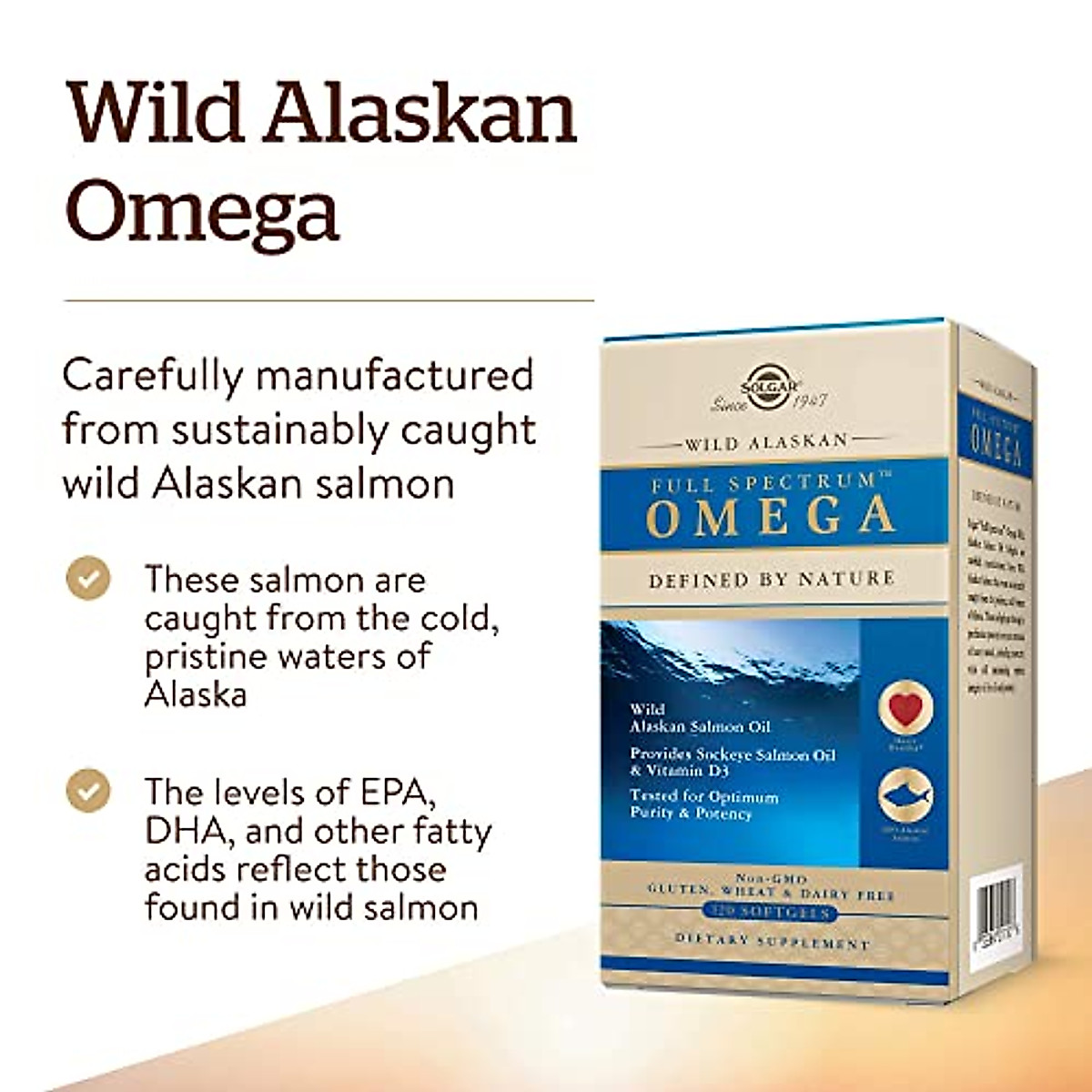 Solgar Wild Alaskan Full Spectrum Omega Softgels Supports Heart Brain Bone and Skin Health Provides Vitamin D3 Rich Source of EPA DHA Non GMO Gluten & Dairy Free 60 Servings, 120 Count