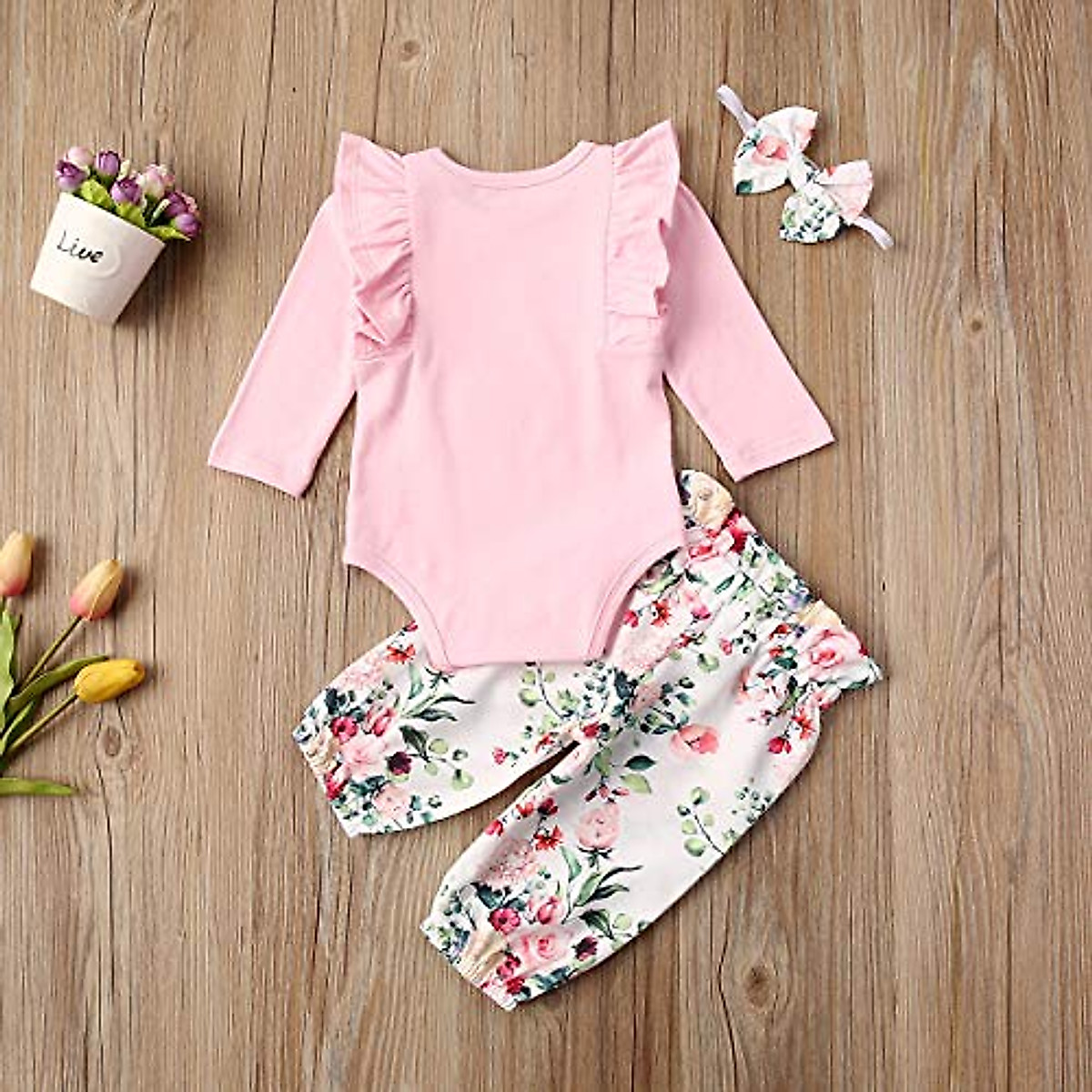 Newborn Baby Girls Easter Outfit Long Sleeve Bunny Print Romper + Floral Pants + Bow Headband 3pcs Set (Light Pink, 6-12m)