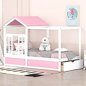 Woanke Twin Size House Bed for Kids, Montessori Playhouse Bed, Solid Wood Twin Platform Bed Frame with Storage Drawers, Roof and Window, Pink