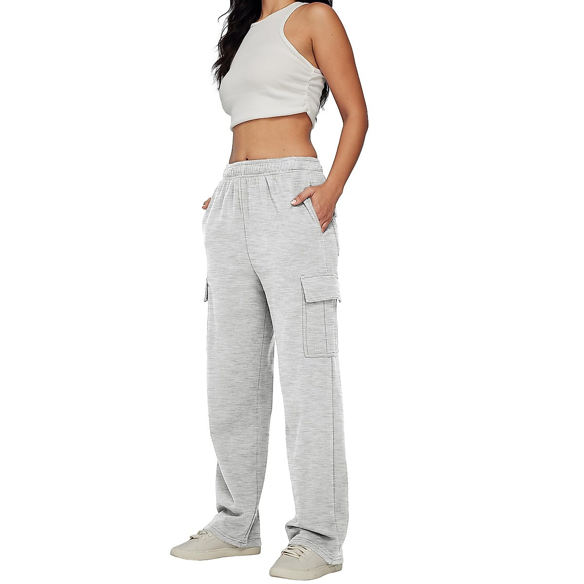 AUTOMET Womens Cargo Sweatpants Baggy Fleece High Waisted Joggers Sweat Pants Athletic Drawstring Casual Wide Leg Loose Fit Fall Pants with Pockets 2024 Grey L