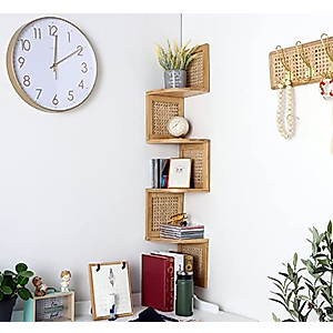 ND RongFeng Bamboo Corner Shelf 4-Tier Shelf with Bamboo Body Mixed with Natural Rattan Mesh for Wall Storage, Suitable for Bedroom and Living Room (Light Brown)