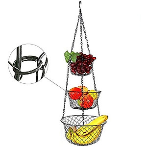 MALMO 3-Tier Wire Fruit Hanging Basket, Vegetable Kitchen Storage Basket, Iron Wire Black