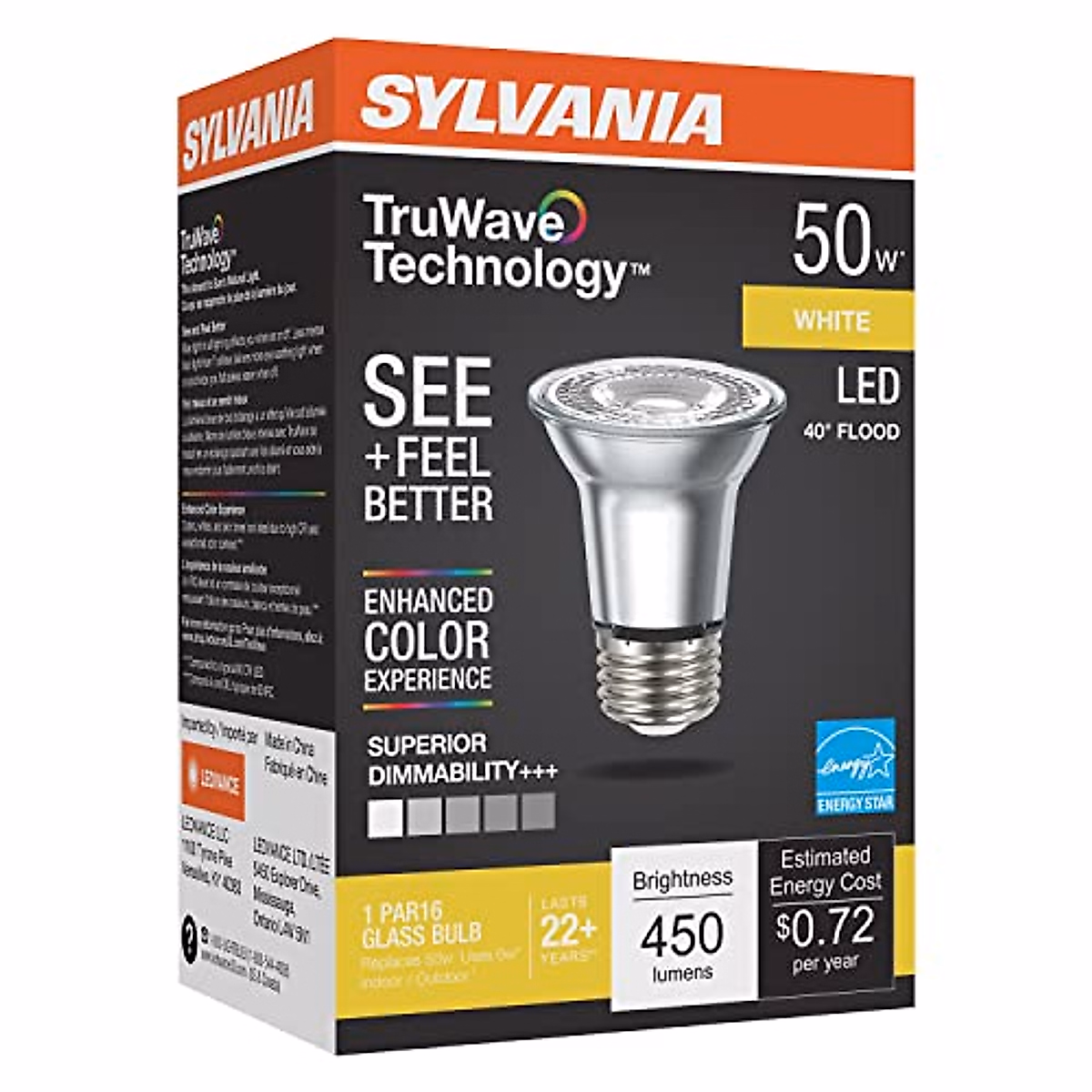 LEDVANCE Sylvania LED TruWave Natural Series PAR16 Light Bulb, 50W Equivalent Efficient 6W, Medium Base, Dimmable, 3000K, White - 1 Pack (40930)