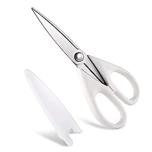 Food Scissors, SinYe White Kitchen Scissors with Protective Sheath, Long Blade Kitchen Shears for Chicken,All Purpose Scissors with Fine Serrations (white)