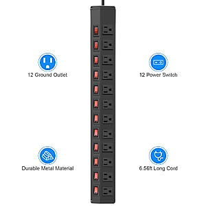 12 Outlet Heavy Duty Power Strip with Individual Switches,Wall Mount Power Strip Surge Protector for Appliances,6FT Cord,1200J 15A 1875W