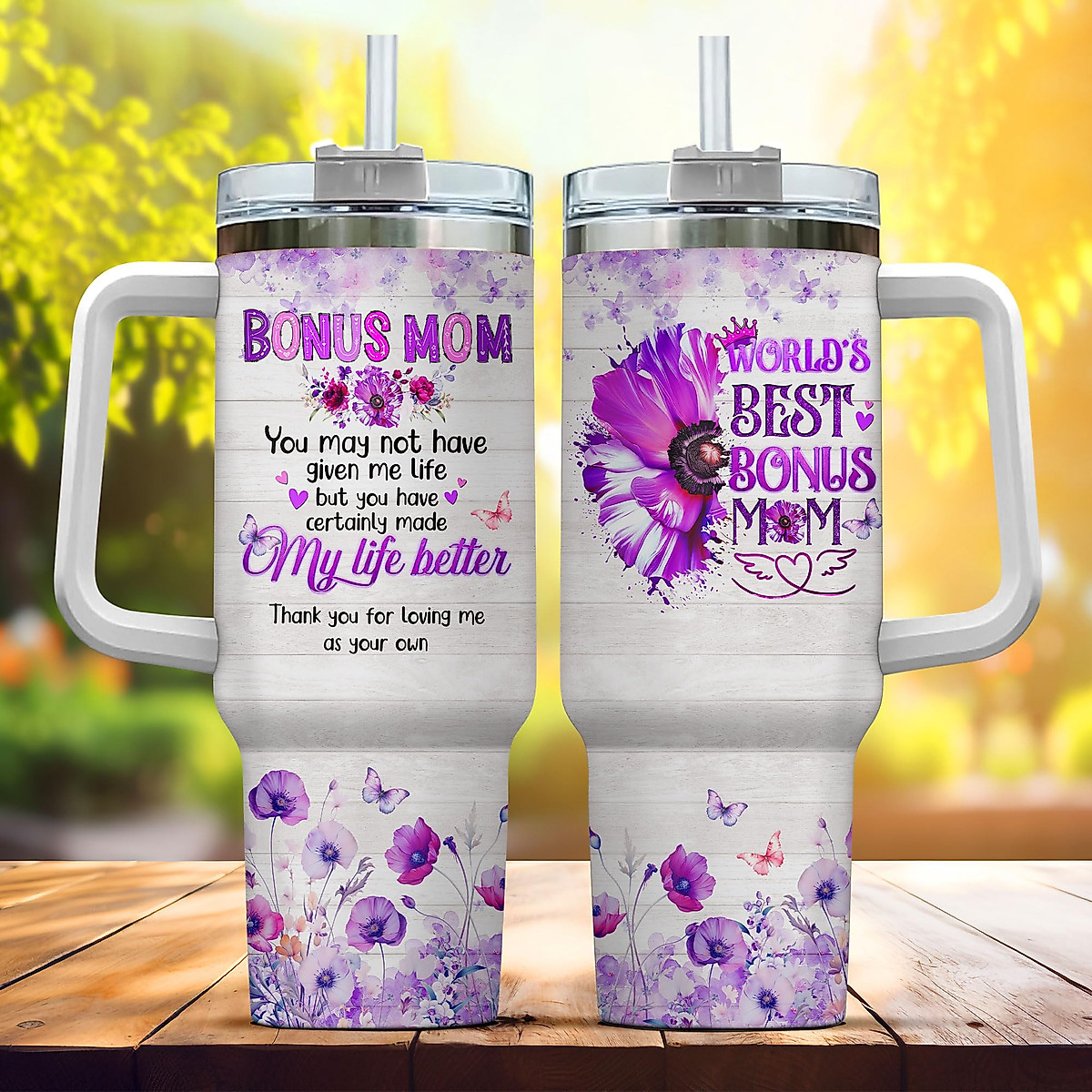 99WHALE Tumbler 40 Oz With Handle Lid And Straw, Bonus Mom Purple Floral, Bonus Mom Gifts, Light Be Tumblers Cup Mama Mother For Funny Mommy Coffee Yellow Flower Cups