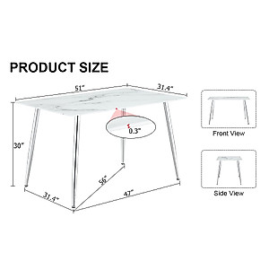 HMFULE 51" Modern Rectangle Imitation Sintered Stone Dining Table has 0.3 Inch Thick Glass Tabletop and Silver Metal Legs Kitchen Table White(Only Table)