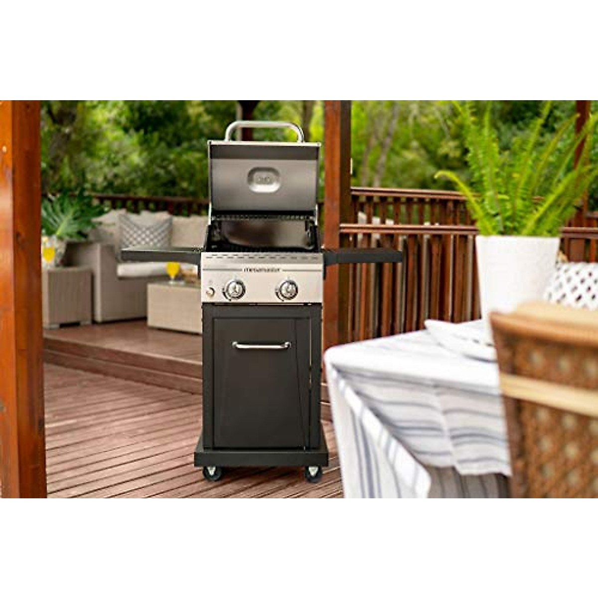 Megamaster 720-0864MA 2 Burner Propane Barbecue Gas Grill, for Camping, Outdoor Cooking, Patio, Garden Barbecue Grill, 28000 BTUs, with Foldable Side Table, Silver and Black