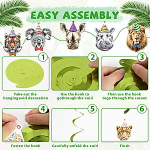 60PCS Jungle Animals Birthday Decorations Wild One Hanging Swirls Ceiling Streamers Decor Forest Theme Foil Swirls Ceiling for Boys Girls Baby Shower Safari Wild Animals Birthday Party Supplies