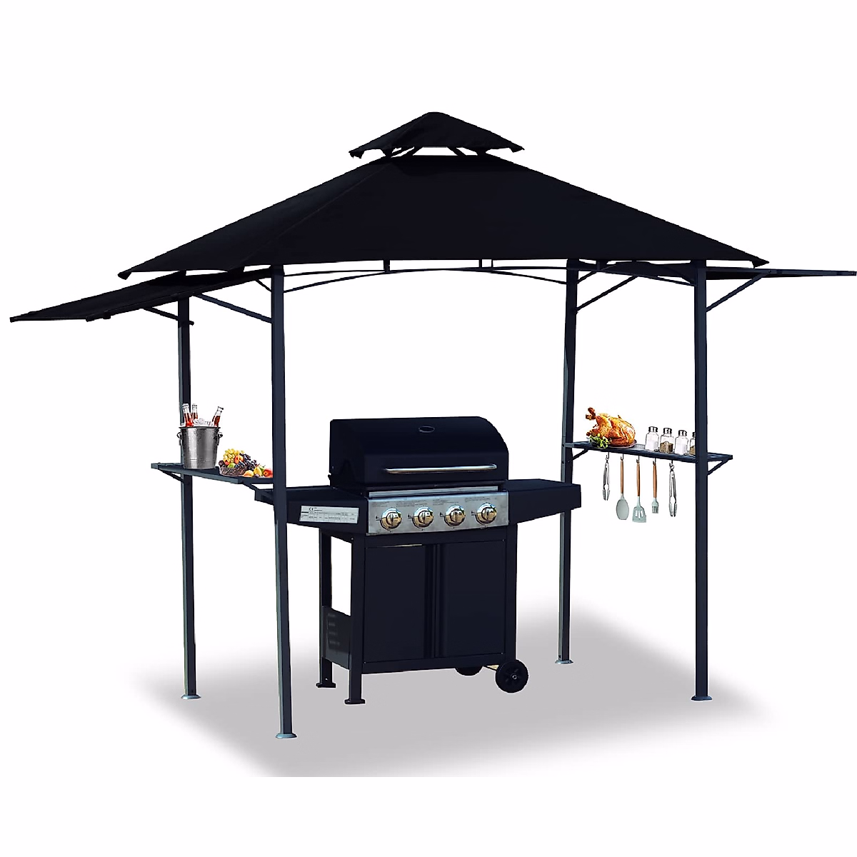 5x8 Outdoor Grill Gazebo BBQ Canopy, Double Tier BBQ Gazebo Grill Tent with Dual Side Retractable Awning, Shelves and Air Vent, BBQ Cabana Tent Canopy Shelter for Patio Party Backyard Picnic(Black)