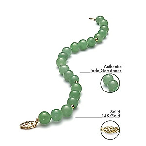 14k Gold Natural Green Jade Bead Bracelet, 7.5"
