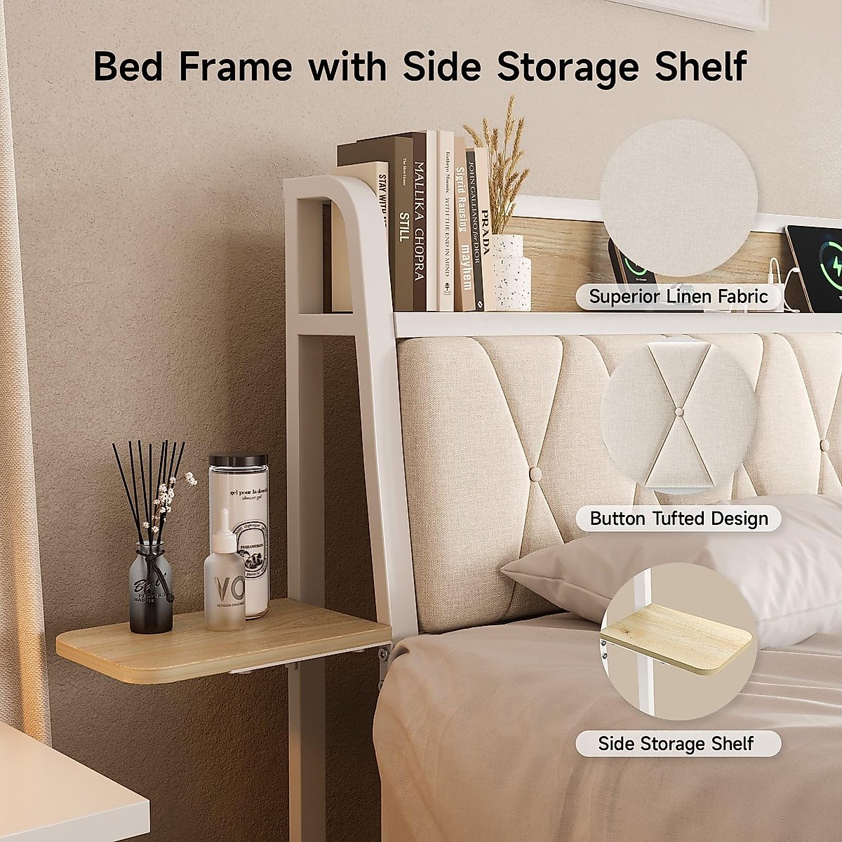 ONBRILL Queen Bed Frame with Side Storage Shelf, Ergonomic Upholstered Headboard with Charging Station, Queen Size Platform Bed Frame, Metal Slats Support, No Box Spring Needed, Easy Assembly, White
