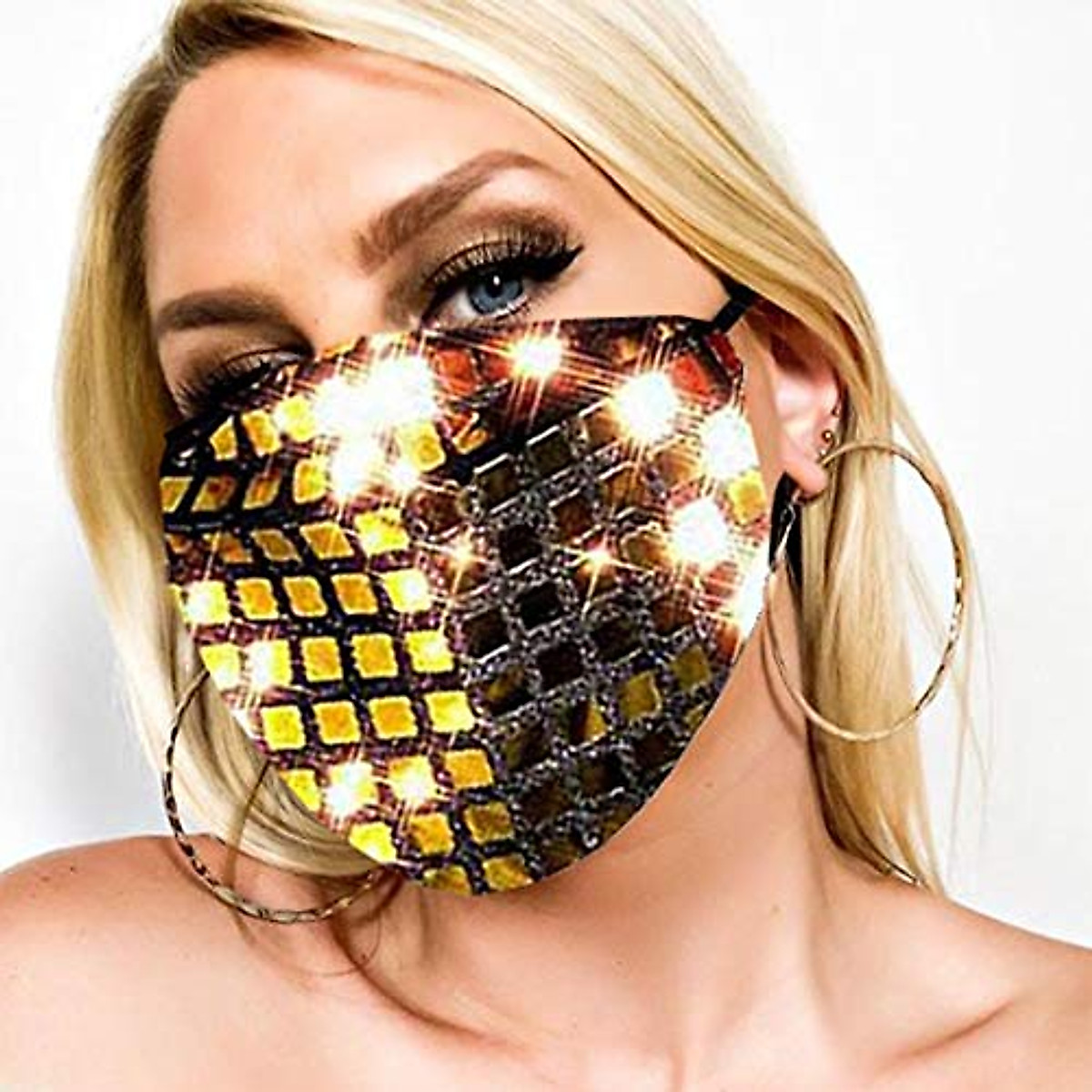 Barode Sparkly Sequins Mask Gold Crystal Face Cover Cotton Masquerade Masks Halloween Party Nightclub Face Masks Covering for Women and Girls (Gold)
