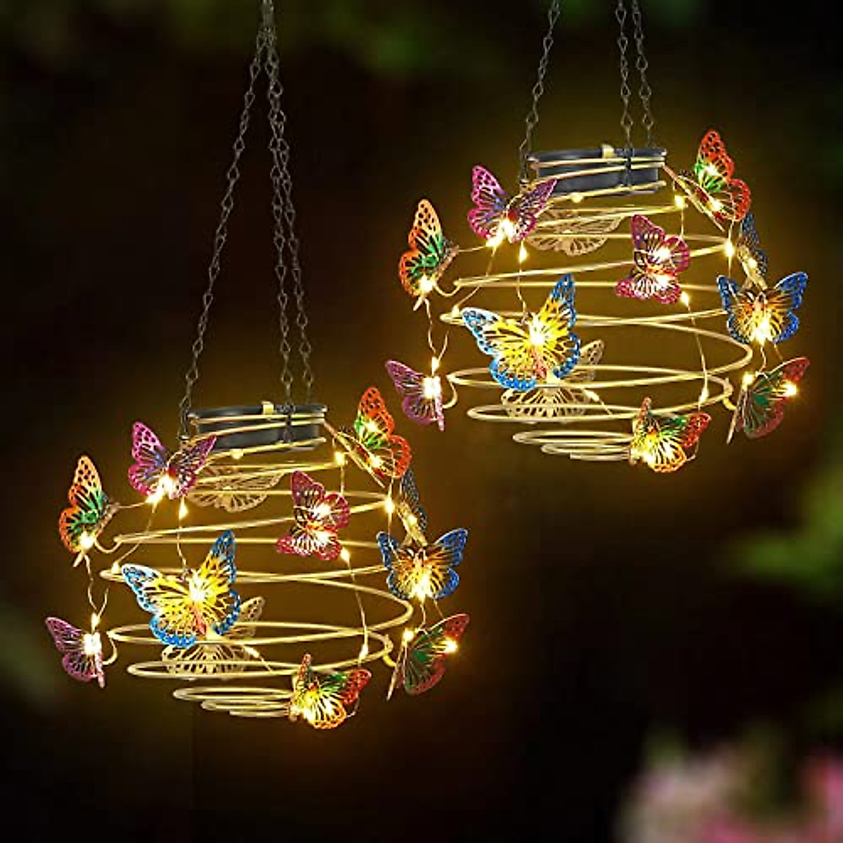 2 Pack Butterfly Solar Lights Outdoor Hanging Solar Lantern with Handle, Solar Powered Butterflies Garden Decor for Outside Patio Yard Porch Pathway Butterfly Gifts for Women (Warm White LED Lights)