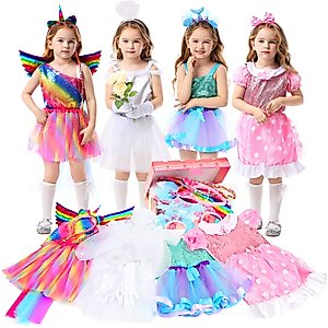 kuaima Girls Princess Dress up Trunk Set, Unicorn, Mermaid, Princess, Bride, Angel Pretend Play Costume Set for Toddlers Little Girls Ages 3-6 Years