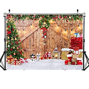 SJOLOON Rustic Christmas Barn Wood Door Backdrop for Photography Xmas Tree Snow Gift Wall Floor Party Photo Background Winter Holiday Family Supplies Banner Decoration Studio Props 12391 (7x5FT)