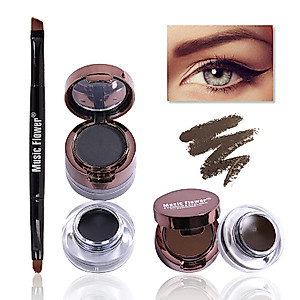 Music Flower Gel Eyeliner Eyebrow Powder, Black and Brown Waterproof Smudgeproof Long Lasting Makeup Eyeliner Gel with Brush Mirror, 0.49 Ounce, Pack of 2
