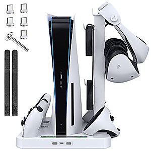 Hastraith Stand for PSVR 2 & PS5 Console, [5 in 1] Stand with Cooling Fan, Dual Controller Magnetic Charging Port for PSVR 2 & PS5, Charging Indicator Light, Storage Stand Perfect for PSVR 2 & PS5