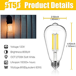 DAYBETTER 4 Pack Vintage LED Edison Bulbs, E26 Led Bulb 60W Equivalent, Dimmable Led Light Bulbs, High Brightness 800 LM Warm White 2700K, ST58 Antique LED Filament Bulbs, Clear Glass Style for Home
