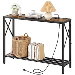 Tajsoon Console Table with Charging Station, 41.8" Entryway Table with Shelves, 2-Tier Narrow Sofa Table, Long Behind Couch Table, for Entryway, Foyer, Living Room, Hallway, Brown & Black