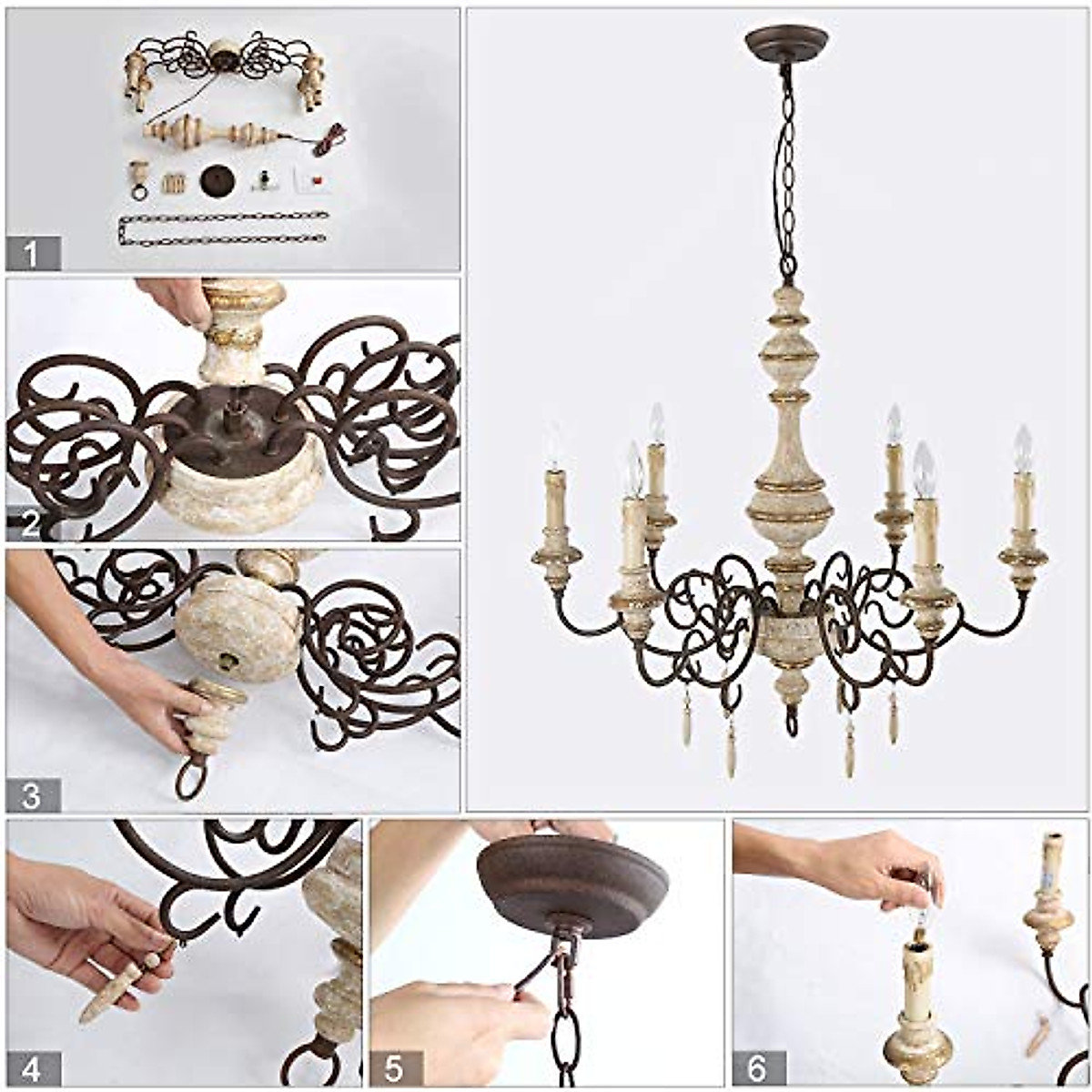 LNC Farmhouse Chandelier for Dining Room, 6-Light French Country Lighting , Handmade Wood Chandelier with Drop Pendants, Distressed White, 30.7”Dia