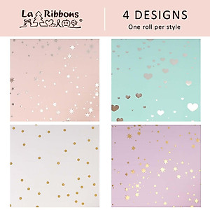 LaRibbons Wrapping Paper Roll - Hearts/Polka Dots/Stars (2 Kinds) Design for Birthday, Mother Day, Valentine's Day, Wedding, Baby Shower - 4 Rolls - 30 inch X 120 inch Per Roll
