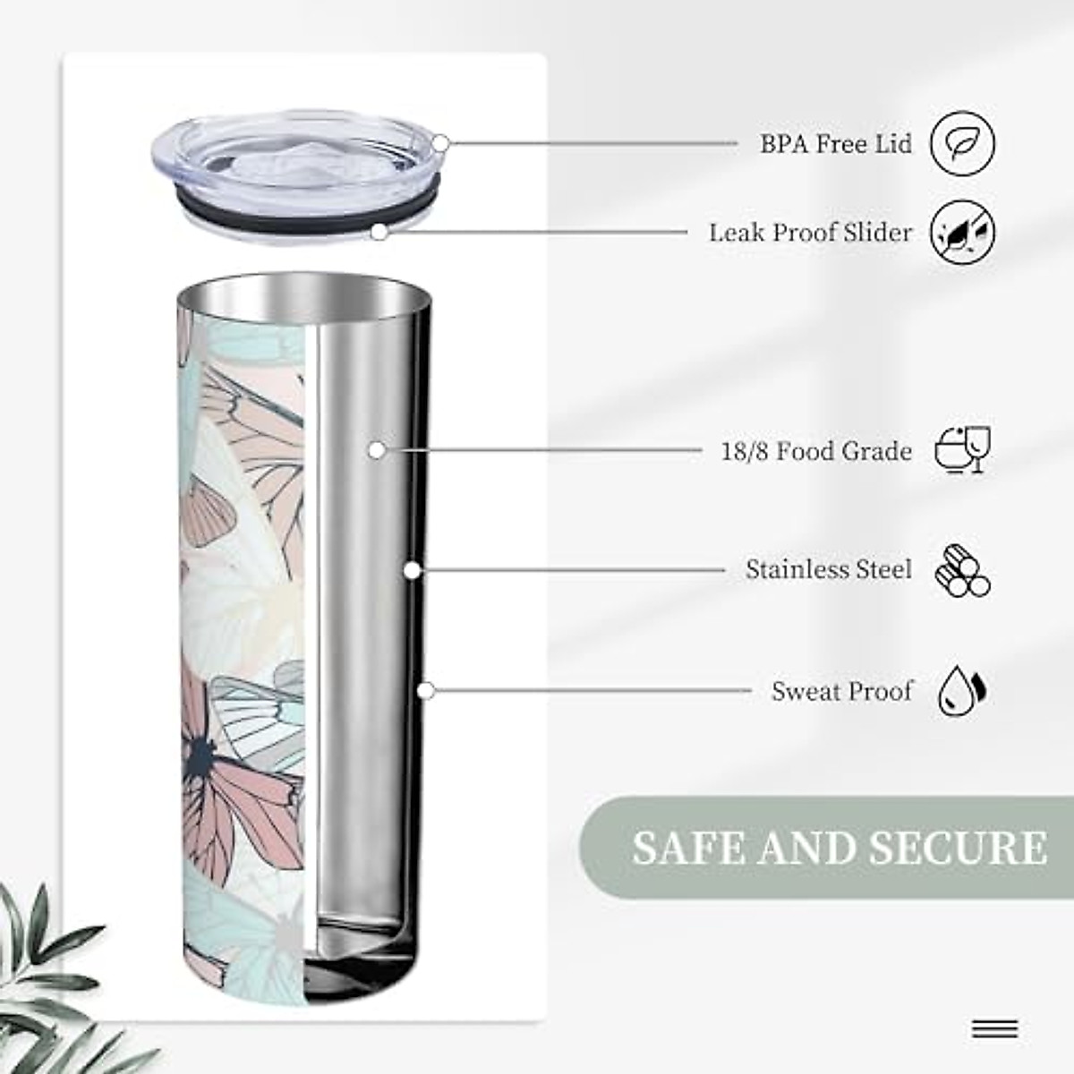 AFHYZY 20 oz Tumbler Reusable Coffee Travel Mug with Lids and Straws, Insulated Coffee Cups Leak Proof 20oz Stainless Steel Water Bottles Skinny for Women, Men, Work, Sports - Butterfly