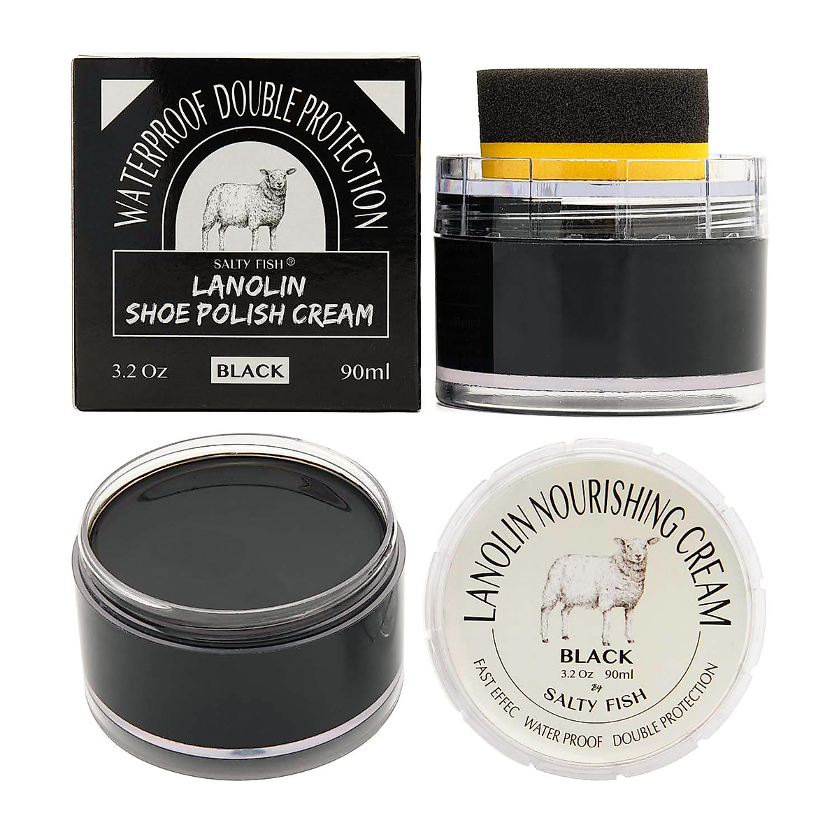 SALTY FISH Shoe Polish with Shoe Shine Sponge Applicator (Black)