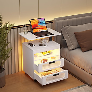 HNEBC Nightstand with Wireless Charging Station, LED Nightstand Has Adjustable Rotary Workstation,Smart Night Stand with 2 Drawers,Modern Bedside Table for Bedroom, Sensor Light/Wheel (White)