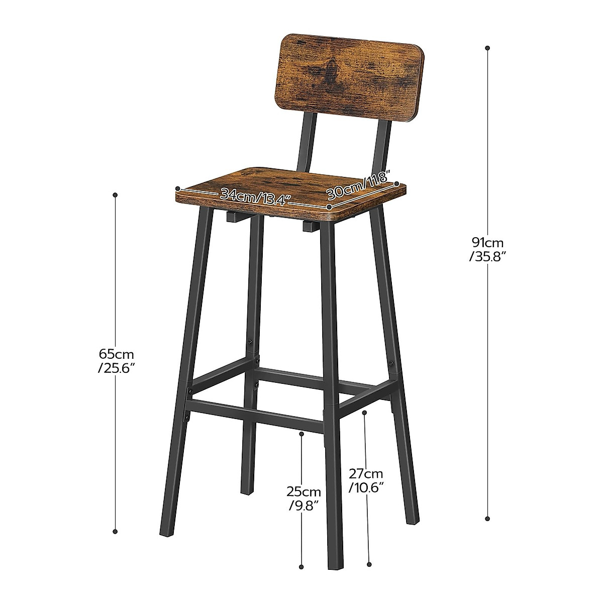 HOOBRO Bar Stools, Barstools Set of 2, Bar Chair with Backrest and Footrests, 27.8" Tall Counter Bar Stools with Industrial Style, for Kitchen, Dining Room, Bar, Cafe, Rustic Brown and Black BF83BY01