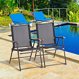 Giantex Set of 2 Patio Folding Chairs, Sling Chairs, Indoor Outdoor Lawn Chairs, Camping Garden Pool Beach Yard Lounge Chairs w/Armrest, Patio Dining Chairs, Metal Frame No Assembly, Black