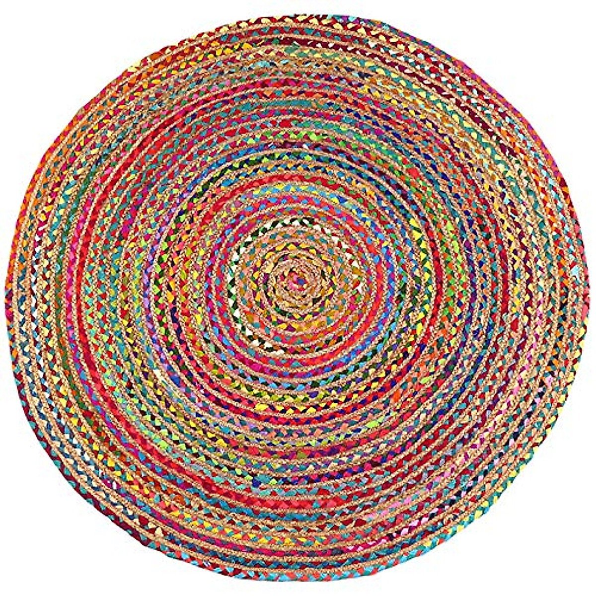 Eyes of India - 6 ft Round Colorful Natural Jute Chindi Sisal Woven Area Braided Rug Boho Chic Bohemian Accent Indian Handmade Handwoven