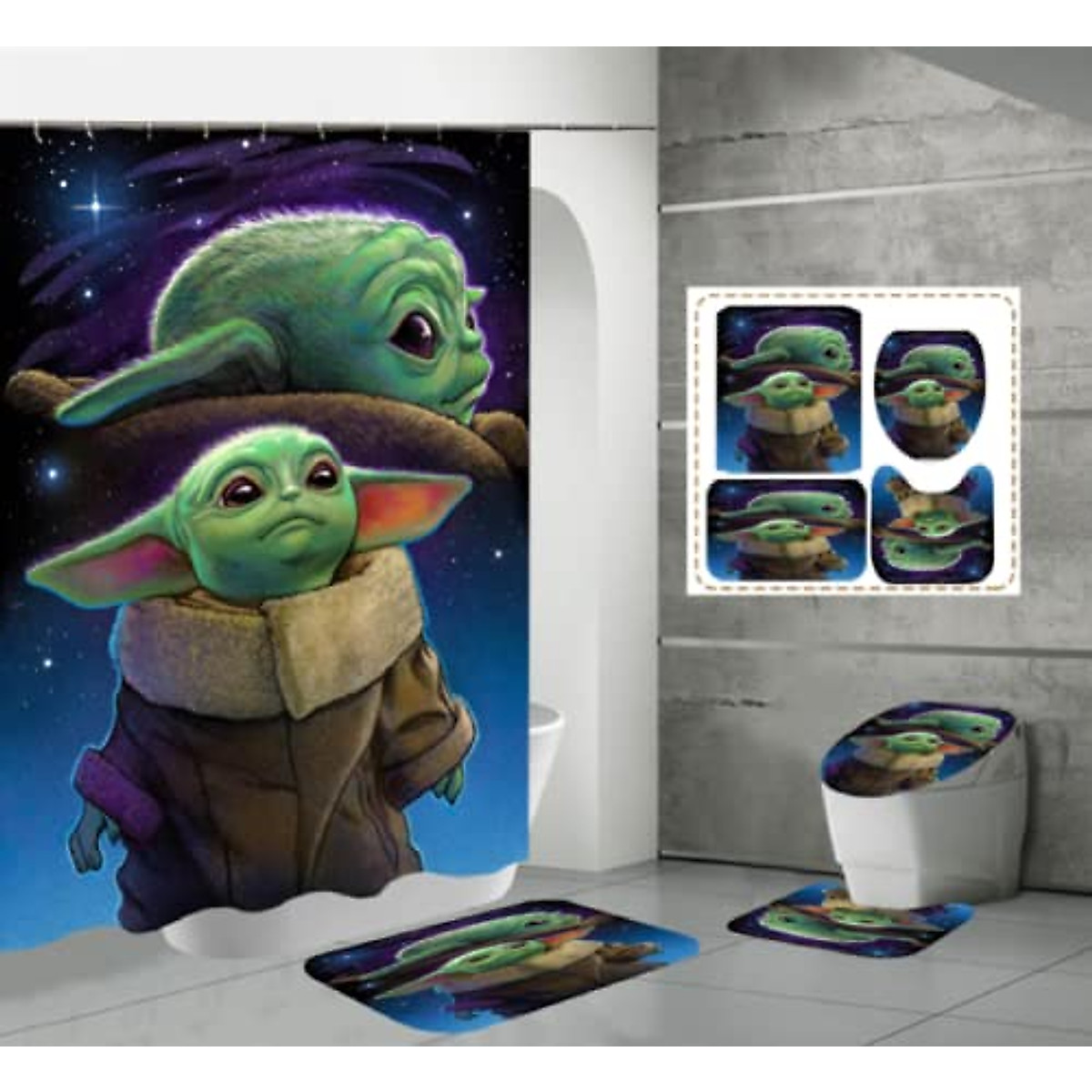 Xjsadxcz 4 Piece Baby Yoda Shower Curtain Sets with Including Square Non-Slip Floor Mat, U-Shaped Mat, Toilet lid Cover Mat, and Shower Curtain with ，72"x72"