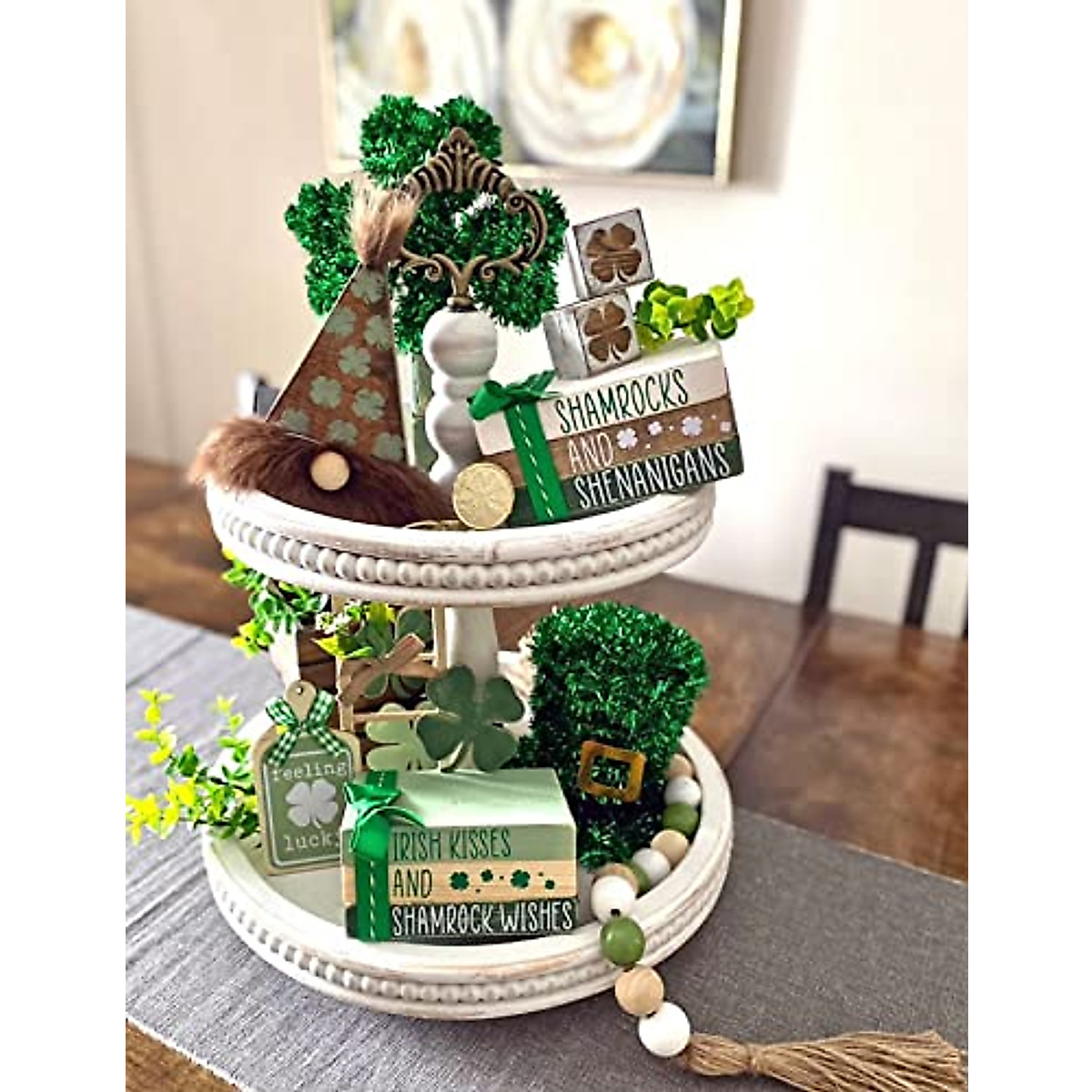 2 Tiered Tray Wooden Serving Stand by Felt Creative Home Goods. Small Shabby Chic Beaded Tray for Home Decor Display Farmhouse Country Decoration Kitchen or Dining. Includes 3 Custom Handles (White)