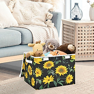 Vnurnrn Collapsible Storage Bins with Lids, Sun Flower Yellow Flowers Foldable Storage Boxes, Storage Box Cube with Lid for Clothes,Bedroom,Toys,16.5x12.6x11.8 Inch