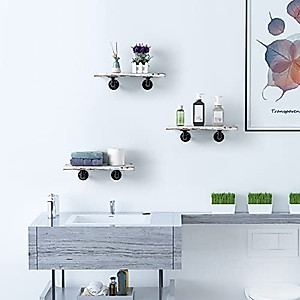 BTY Floating Shelves with Industrial Pipe Brackets Rustic Wall Mounted Wood Pipe Shelf Set of 3 Shelving Storage Home Decor for Bathroom Living Room Bedroom Kitchen Office, Rustic White
