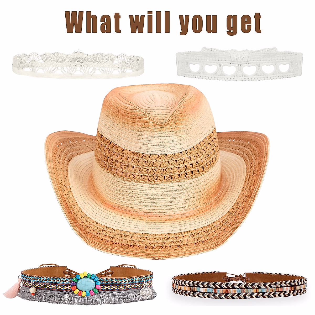 Cowboy Cowgirl Straw Hat with Bands for Women - Western with Wide Brim for Coastal Sun Beach Summer Ivory