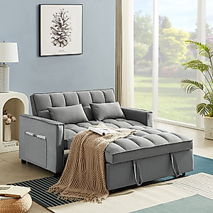 Merax 55.2" Velvet Sleeper Sofa Couch, Convertible Loveseat Sofa with Pull Out Bed and Adjustable Backrest, Sleeper Sofa Bed Armchair with 2 Lumbar Pillows for Home Office, Grey
