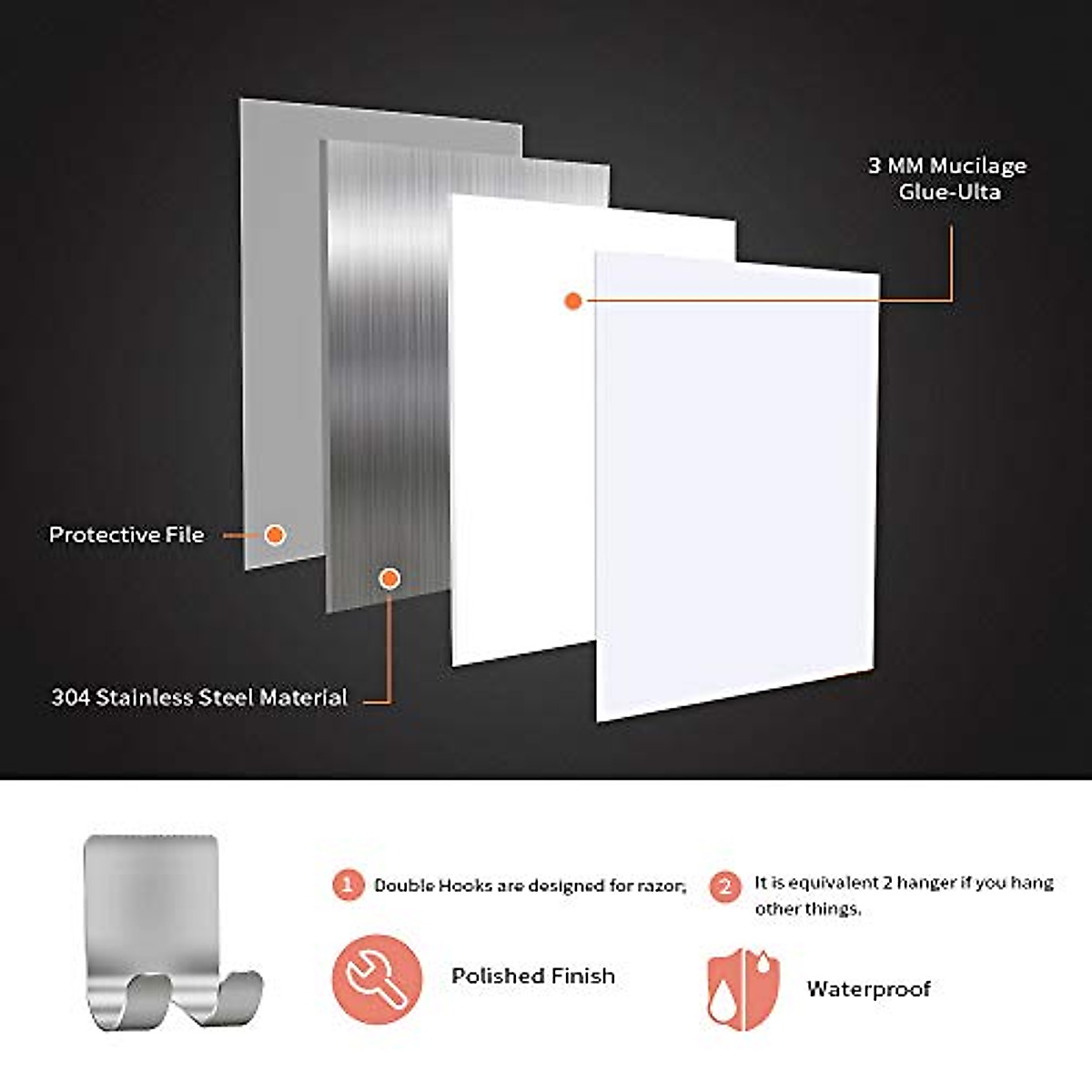 Razor Holder Shaver Hook Hanger Stand(2 Pack)Self Adhesive Stainless Steel Heavy Duty Utility Storage Hook,Shower Hook for Razor,Bathroom Kitchen Organizer for Plug Robe Towel Loofah Bathrobe Coat