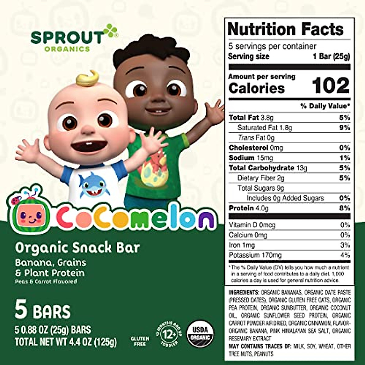 CoComelon Sprout Organic Baby Food, Toddler Snacks, Bananas, Peas and Carrots Snack Bar (6 pack)